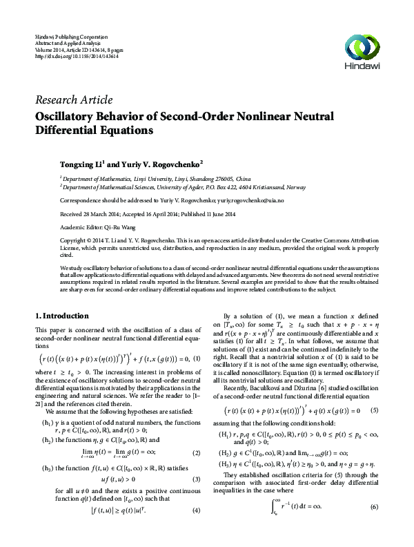 (PDF) Research Article Oscillatory Behavior of Second-Order Nonlinear Neutral Differential Equations