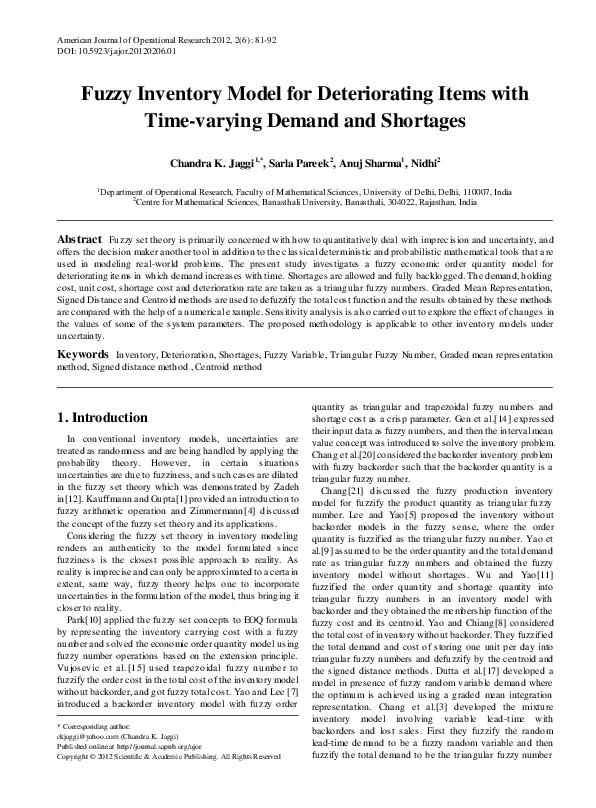 Pdf Fuzzy Inventory Model For Deteriorating Items With Time Varying
