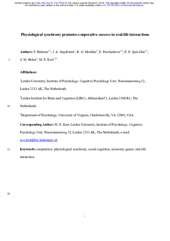 (PDF) Physiological synchrony promotes cooperative success in real-life ...