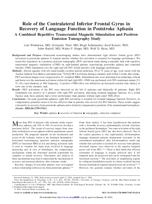 Role of the Contralateral Inferior Frontal Gyrus in Recovery of ...