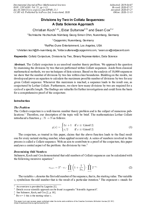 (PDF) Divisions by Two in Collatz Sequences: A Data Science Approach