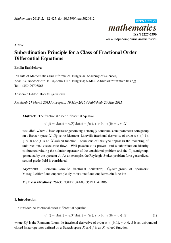 Pdf Subordination Principle For A Class Of Fractional Order Differential Equations