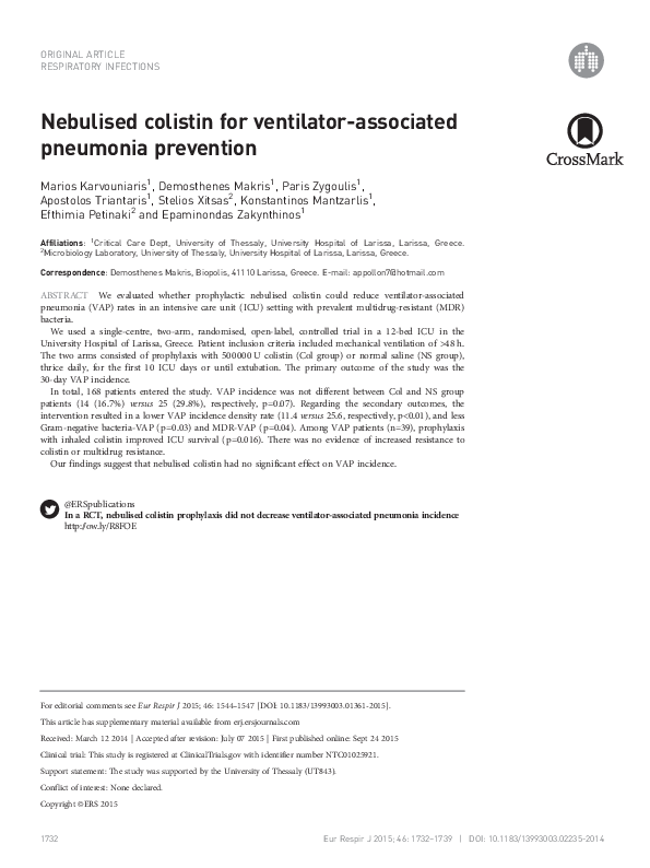 (PDF) Nebulised colistin for ventilator-associated pneumonia prevention