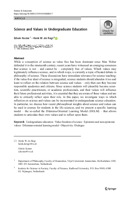 (PDF) Science and Values in Undergraduate Education