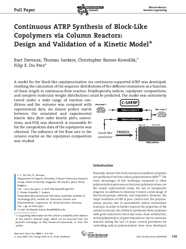 (PDF) Continuous ATRP Synthesis of Block-Like Copolymers via Column Reactors: Design and ...