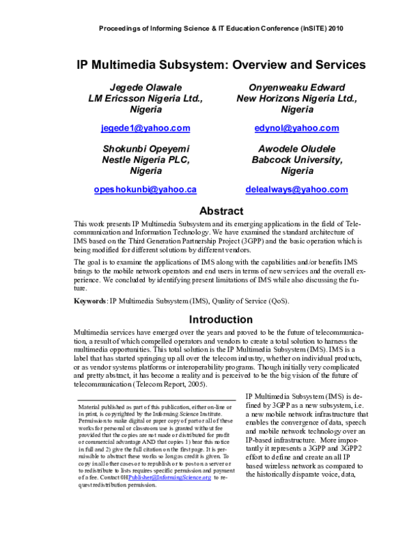 (PDF) IP Multimedia Subsystem: Overview and Services