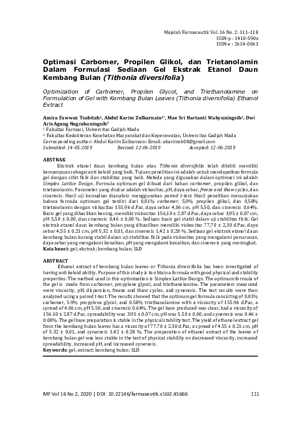 (PDF) Optimasi Carbomer, Propilen Glikol, dan Trietanolamin Dalam ...