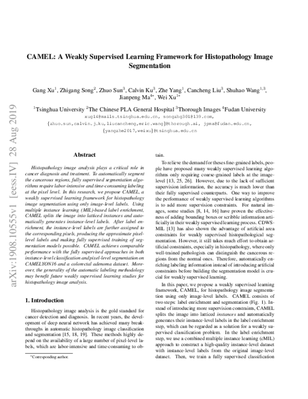 Pdf Camel A Weakly Supervised Learning Framework For Histopathology Image Segmentation