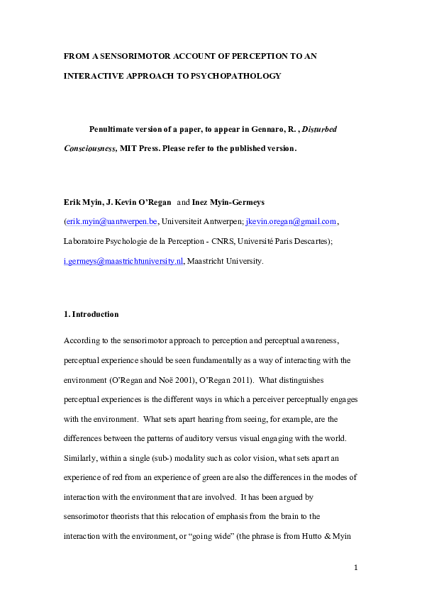 (PDF) From a Sensorimotor Account of Perception to an Interactive Approach to Psychopathology