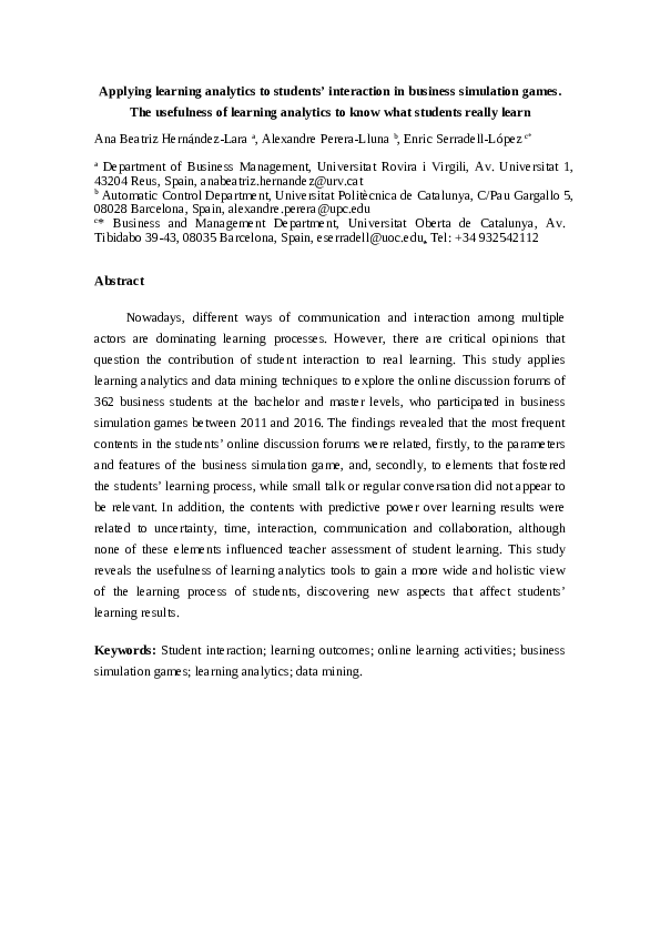 (PDF) Applying learning analytics to students’ interaction in business simulation games. The ...