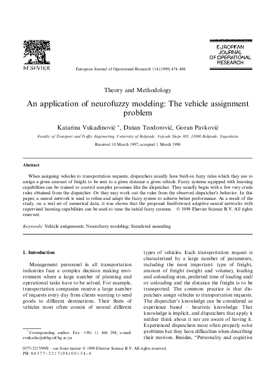 (PDF) An application of neurofuzzy modeling: The vehicle assignment problem