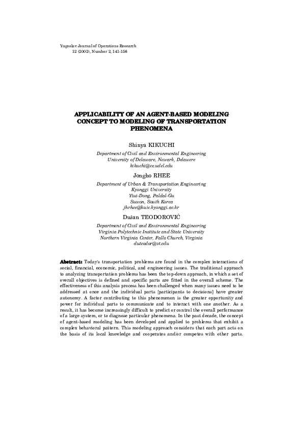 (PDF) Applicability of an agent-based modeling concept to modeling of transportation phenomena