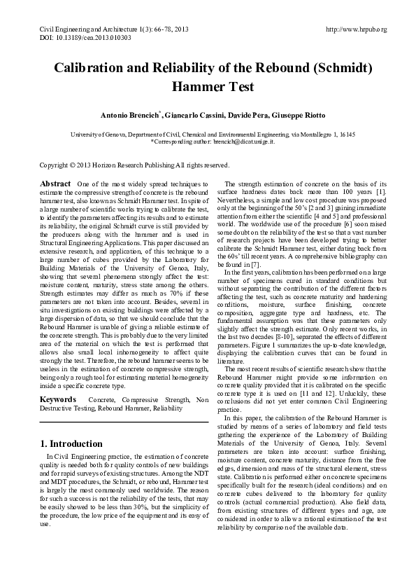 (PDF) Calibration and Reliability of the Rebound (Schmidt) Hammer Test