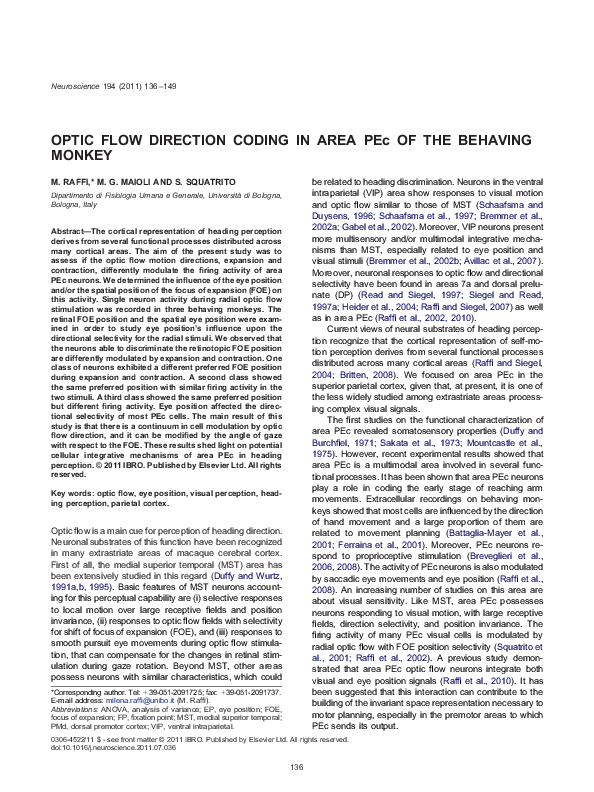 (PDF) Optic flow direction coding in area PEc of the behaving monkey