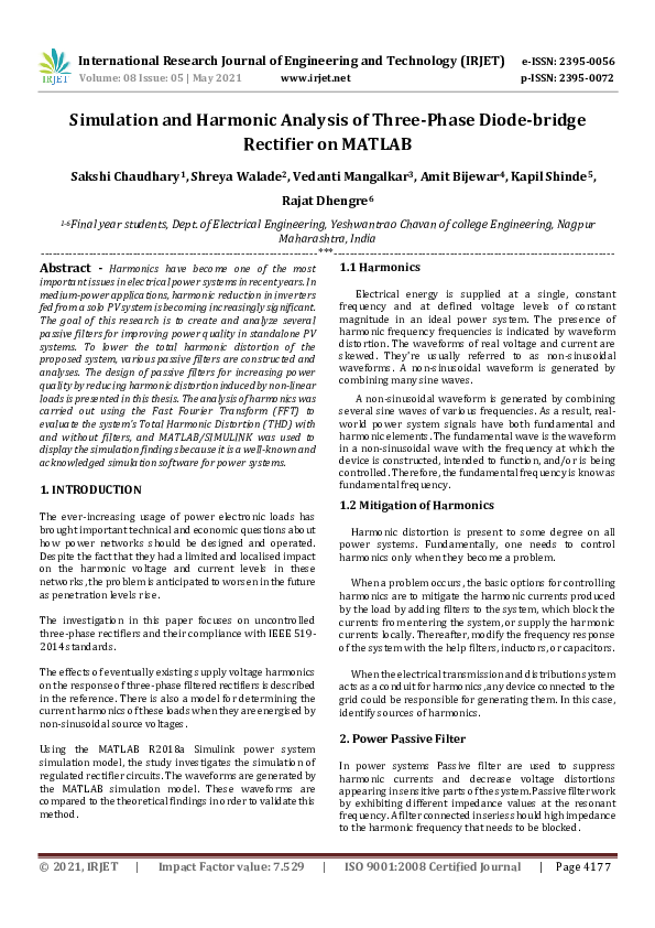 (PDF) IRJET- Simulation and Harmonic Analysis of Three-Phase Diode-bridge Rectifier on MATLAB