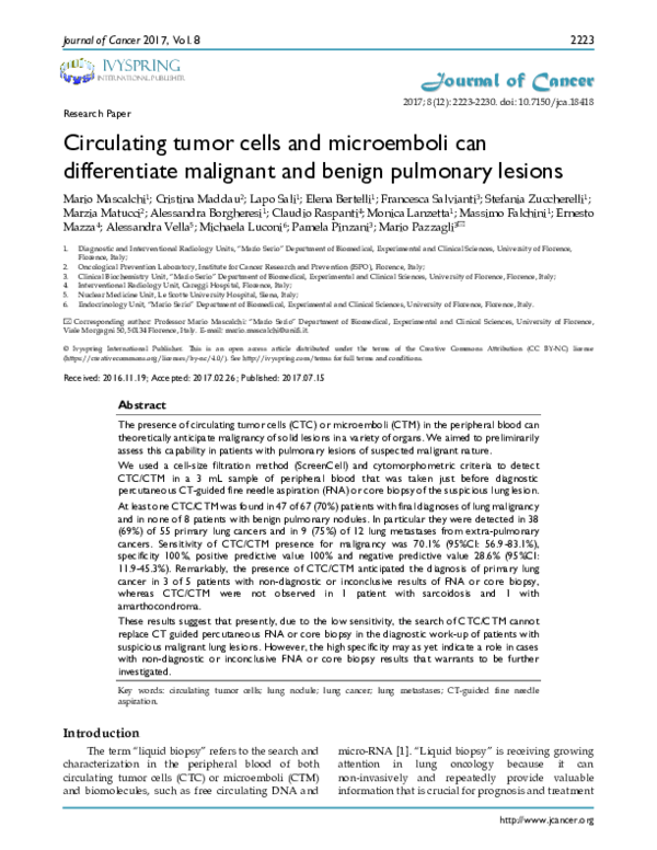 (PDF) Circulating tumor cells and microemboli can differentiate malignant and benign pulmonary ...