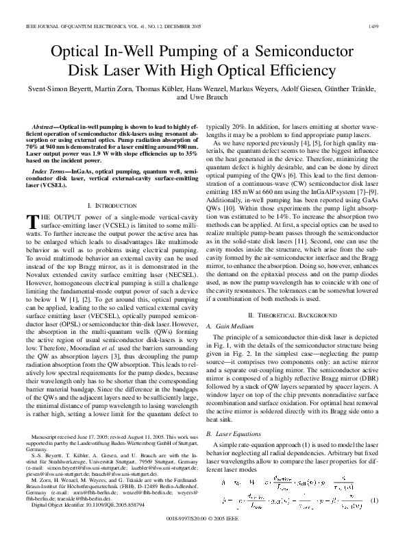 (PDF) Optical in-well pumping of a semiconductor disk laser with high ...