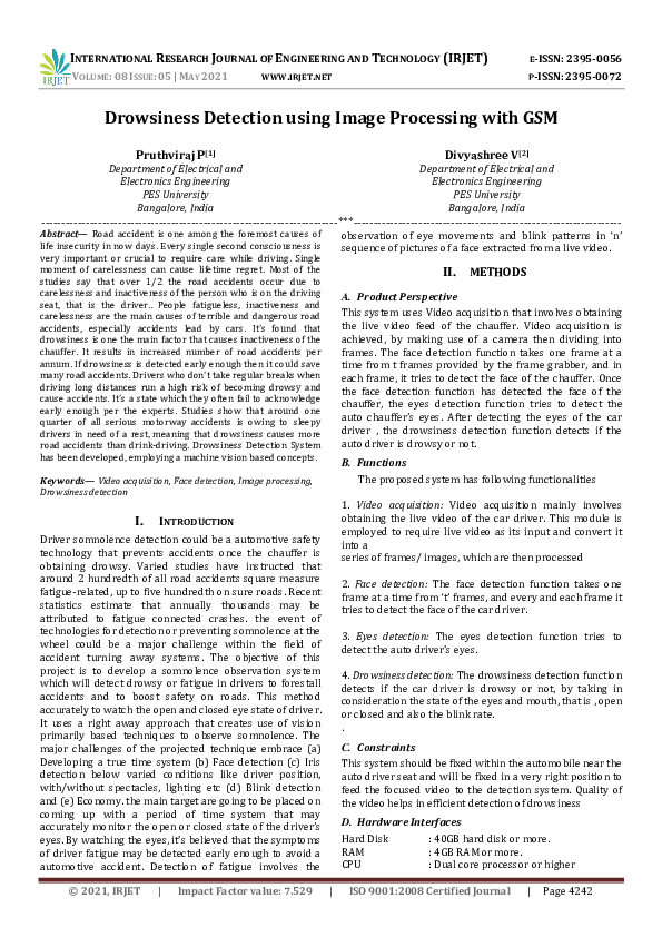 (PDF) IRJET- Drowsiness Detection using Image Processing with GSM