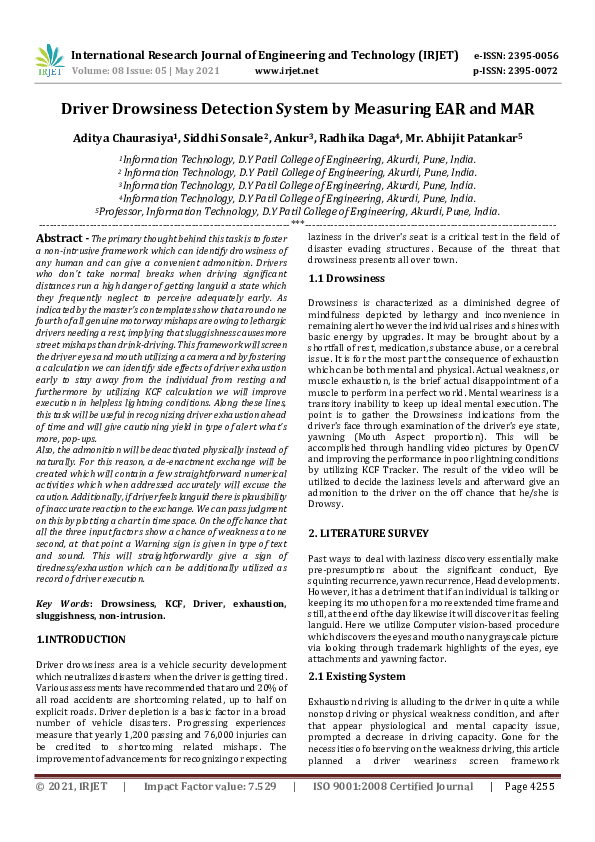 (PDF) IRJET- Driver Drowsiness Detection System by Measuring EAR and MAR