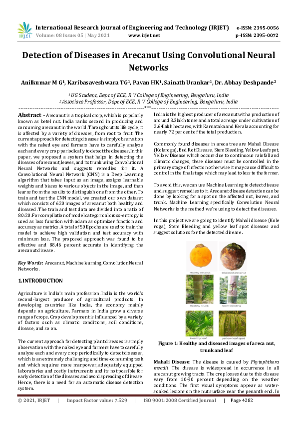 (PDF) Detection of Diseases in Arecanut Using Convolutional Neural Networks