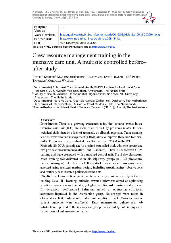 (PDF) Crew resource management training in the intensive care unit. A ...