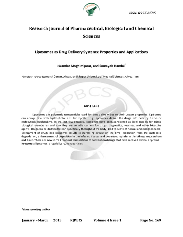(PDF) Liposomes as Drug Delivery Systems: Properties and Applications