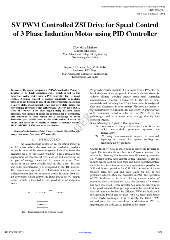 (PDF) SV PWM Controlled ZSI Drive for Speed Control of 3 Phase Induction Motor using PID Controller