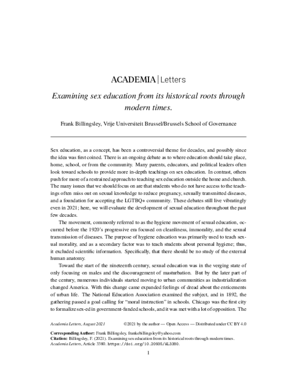 Pdf Examining Sex Education From Its Historical Roots Through Modern