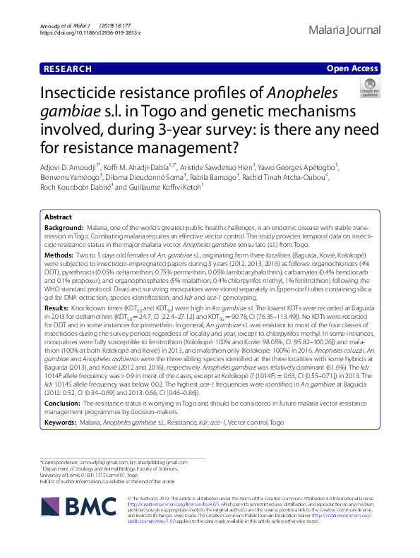 (PDF) Insecticide resistance profiles of Anopheles gambiae s.l. in Togo and genetic mechanisms ...