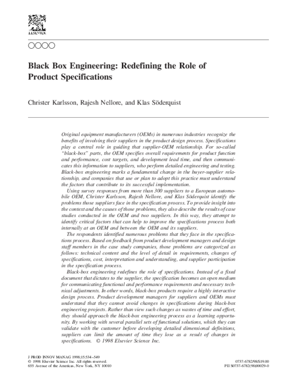 (PDF) Black Box Engineering: Redefining the Role of Product Specifications
