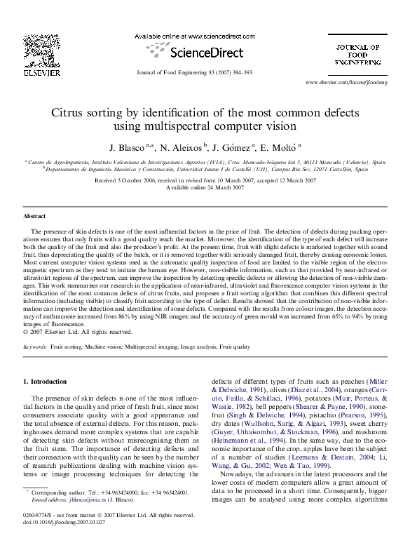 Pdf Citrus Sorting By Identification Of The Most Common Defects Using