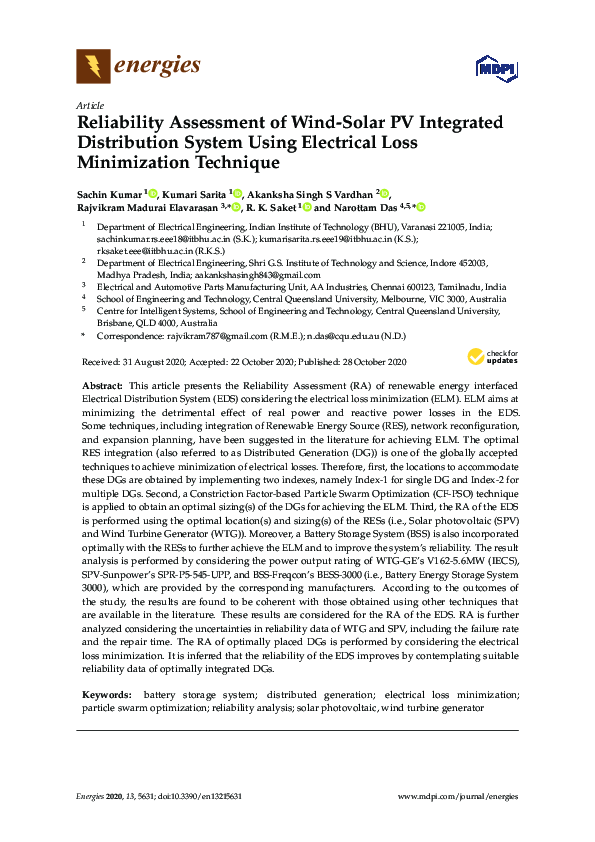 (PDF) Reliability Assessment of Wind-Solar PV Integrated Distribution System Using Electrical ...