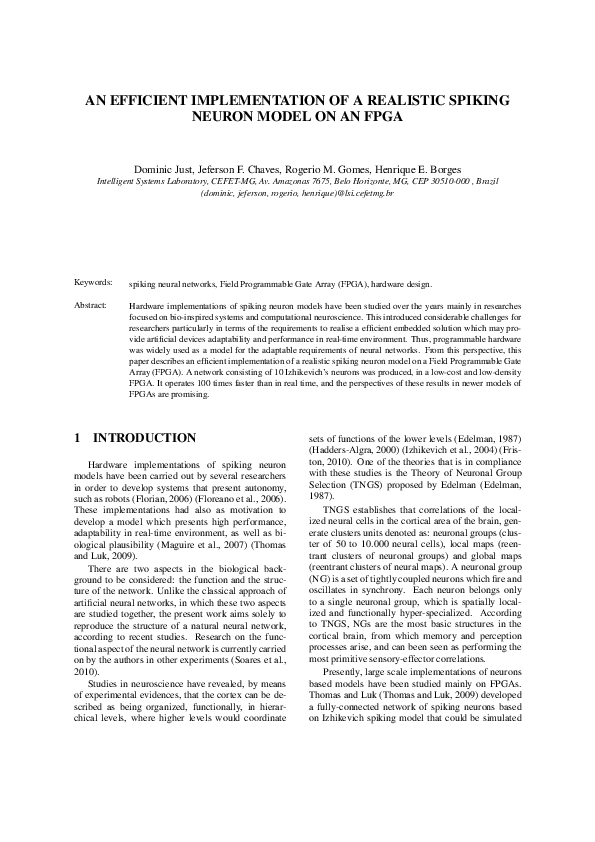 Pdf An Efficient Implementation Of A Realistic Spiking Neuron Model On An Fpga