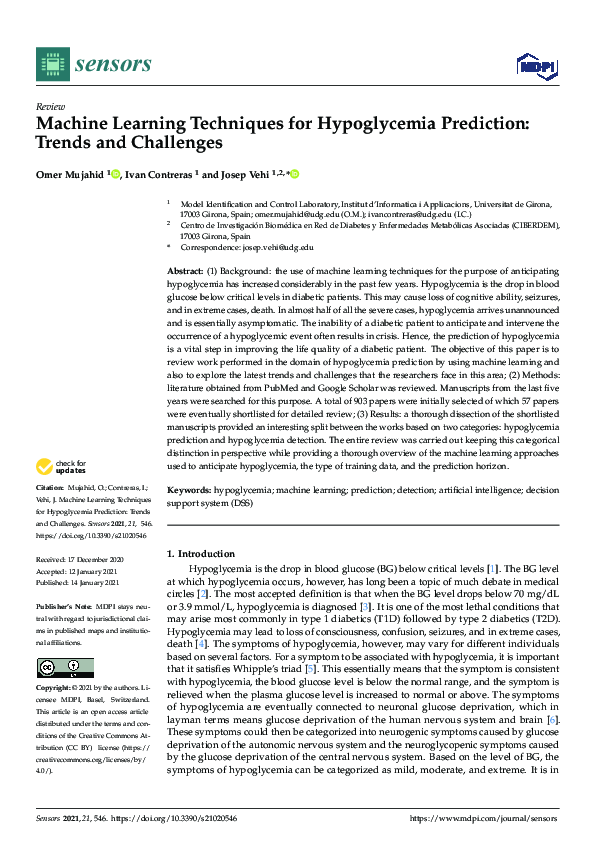 Pdf Machine Learning Techniques For Hypoglycemia Prediction Trends And Challenges