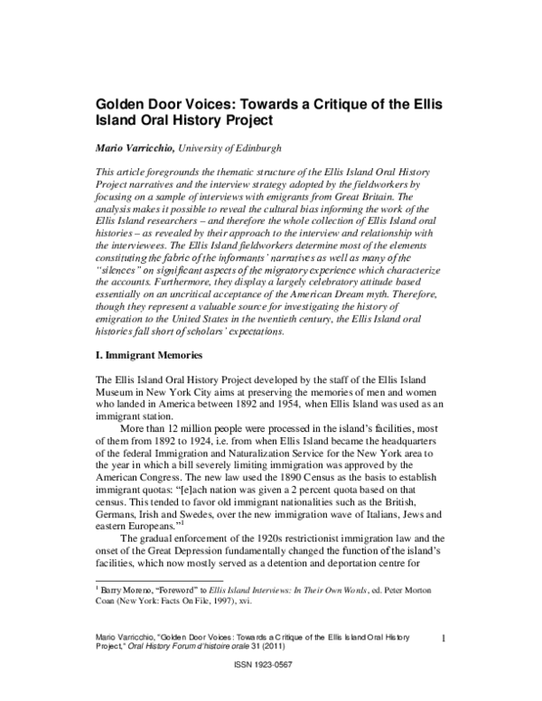 (PDF) Golden Door Voices: Towards a Critique of the Ellis Island Oral ...
