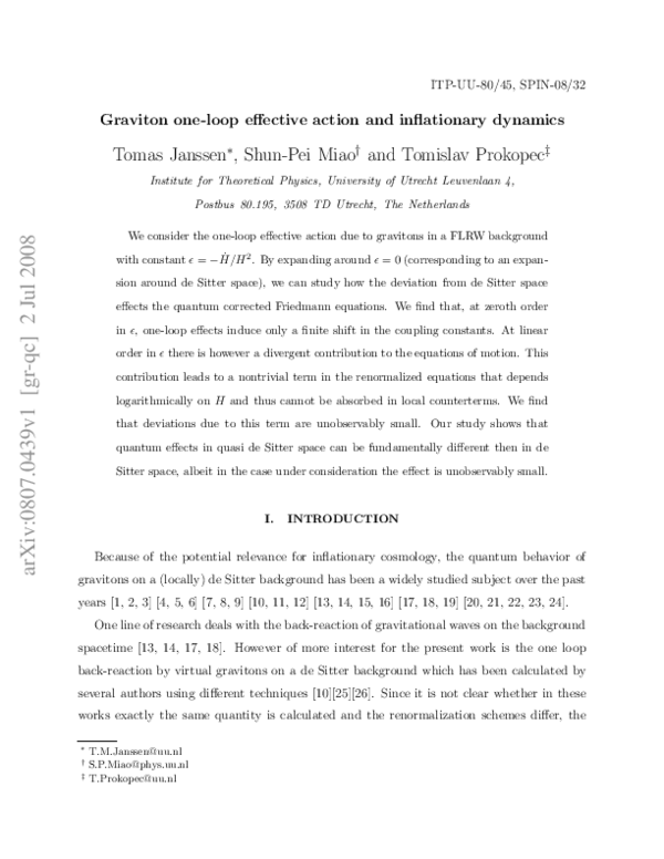 (PDF) Graviton one-loop effective action and inflationary dynamics | Shun-Pei Miao - Academia.edu