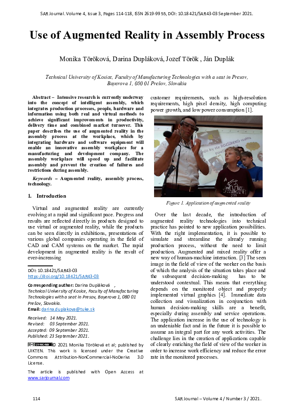 Pdf Use Of Augmented Reality In Assembly Process