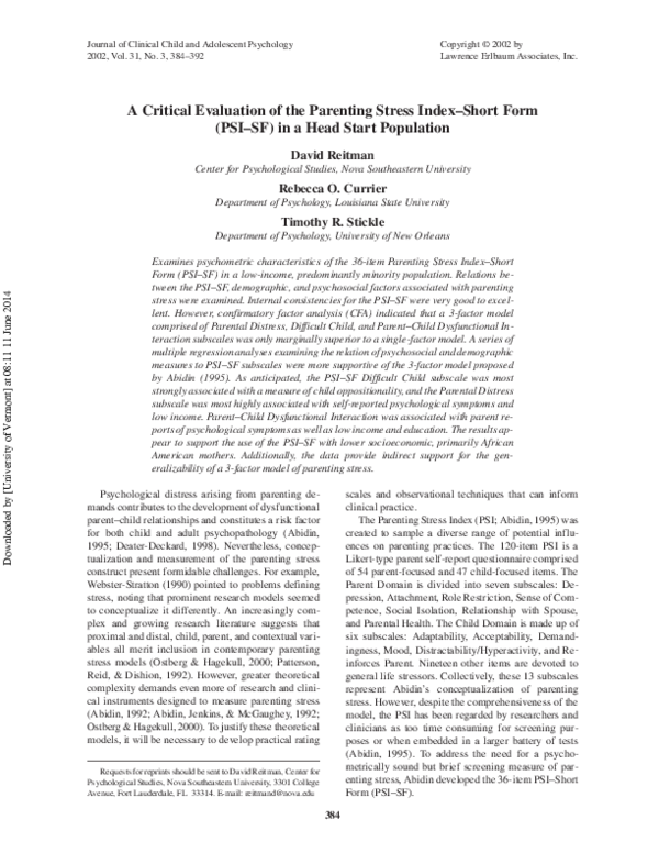 (PDF) A Critical Evaluation of the Parenting Stress Index-Short Form ...