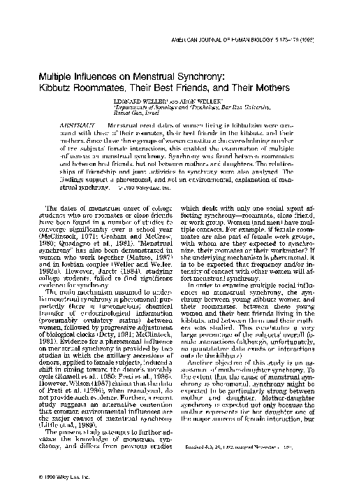 (PDF) Multiple influences on menstrual synchrony: Kibbutz roommates ...