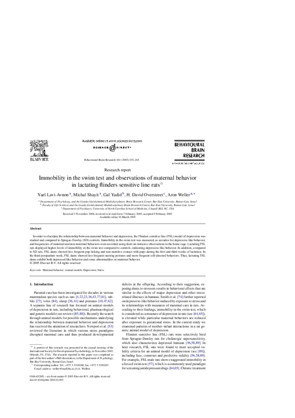 (PDF) Immobility in the swim test and observations of maternal behavior ...