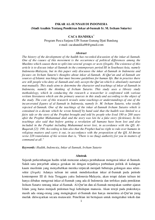 (PDF) INKAR AL-SUNNAH DI INDONESIA (Studi Analisis Tentang Pemikiran ...