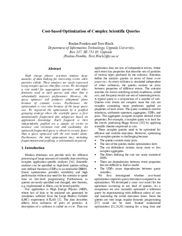 (PDF) Cost-based Optimization of Complex Scientific Queries