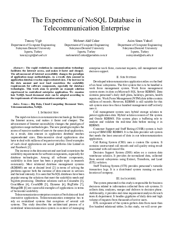 (PDF) The Experience of NoSQL Database in Telecommunication Enterprise