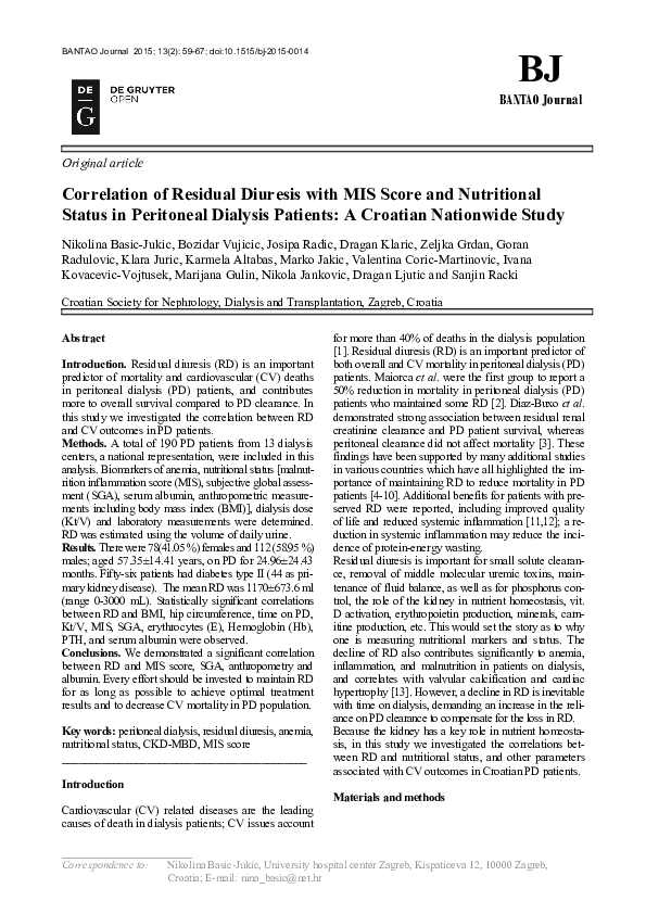 (PDF) Correlation of Residual Diuresis with MIS Score and Nutritional ...