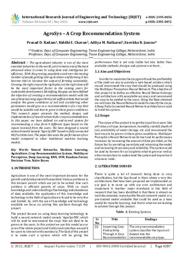 (PDF) IRJET- AgroSys -A Crop Recommendation System