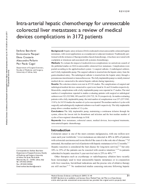 (PDF) Intra-arterial hepatic chemotherapy for unresectable colorectal ...