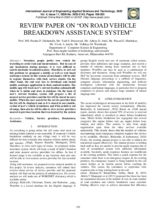 (PDF) Review Paper on “On Road Vehicle Breakdown Assistance System”