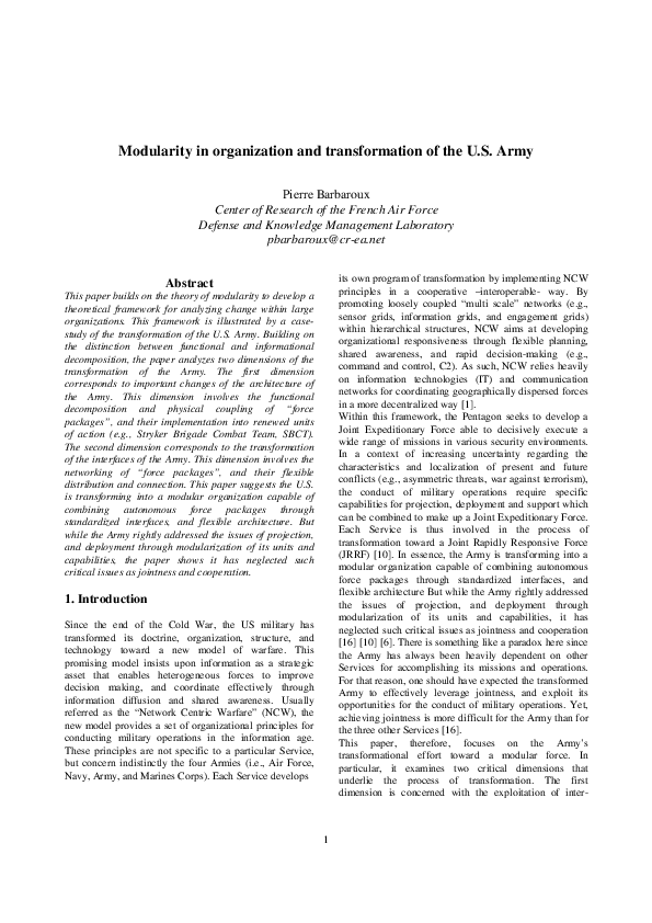 (PDF) Modularity in organization and transformation of the US Army