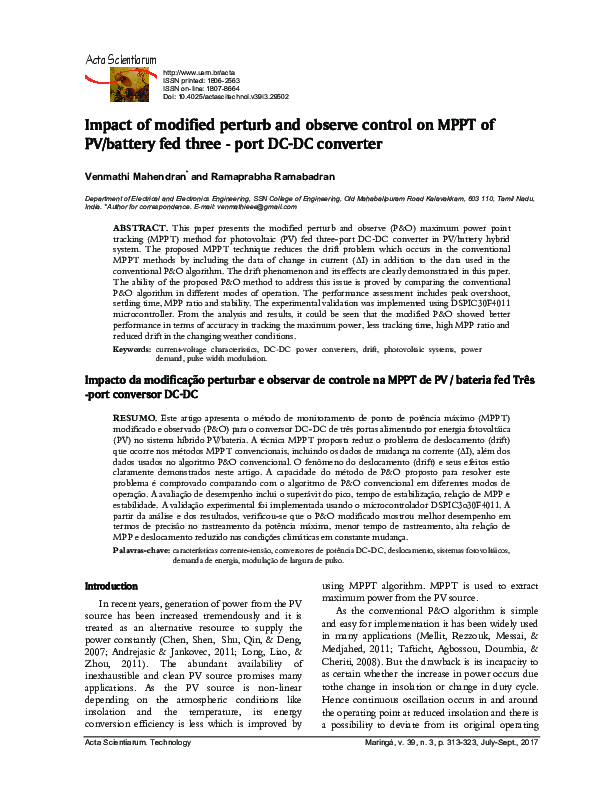 Pdf Impact Of Modified Perturb And Observe Control On Mppt Of Pvbattery Fed Three Port Dc