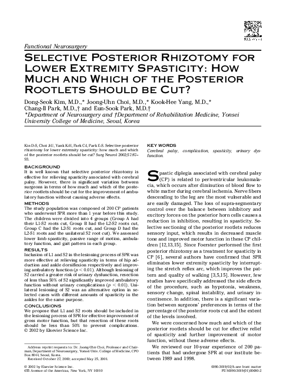 (PDF) Selective posterior rhizotomy for lower extremity spasticity: how ...